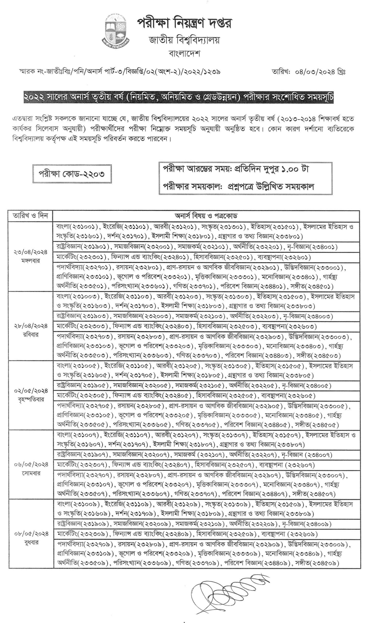 NU Honours 3rd Year Routine 2024 (পিডিএফ/ইমেজ ডাউনলোড)