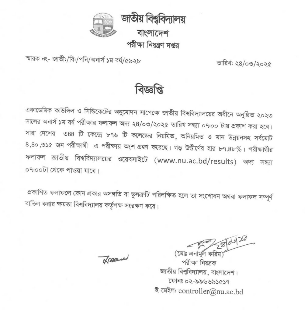 Honours 1st year result 2025- www.nu.ac.bd/results